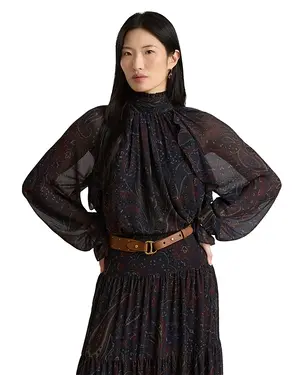 Ralph Lauren Paisley Print Georgette Mock Neck Blouse - Navy Multi