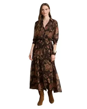 Ralph Lauren Petite Floral Chiffon Shirtdress - Brown Multi