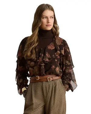 Ralph Lauren Petite Floral Ruffle Trim Chiffon V Neck Blouse - Brown Multi