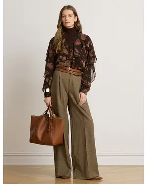 Ralph Lauren Petite Floral Ruffle Trim Chiffon V Neck Blouse