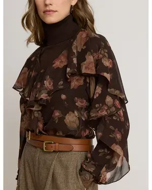 Ralph Lauren Petite Floral Ruffle Trim Chiffon V Neck Blouse