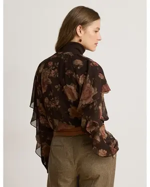 Ralph Lauren Petite Floral Ruffle Trim Chiffon V Neck Blouse