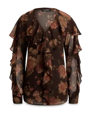 Ralph Lauren Petite Floral Ruffle Trim Chiffon V Neck Blouse