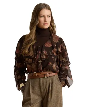 Ralph Lauren Floral V Neck Ruffle Trim Chiffon Blouse - Brown Multi