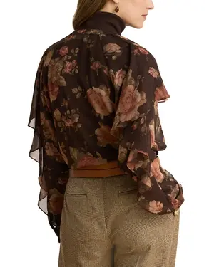 Ralph Lauren Floral V Neck Ruffle Trim Chiffon Blouse
