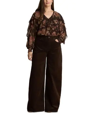 Ralph Lauren Floral V Neck Ruffle Trim Chiffon Blouse