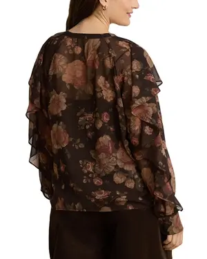 Ralph Lauren Floral V Neck Ruffle Trim Chiffon Blouse