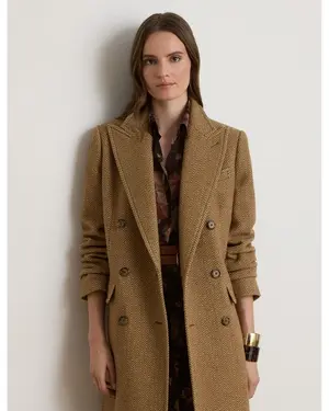Ralph Lauren Double Breasted Wool Blend Herringbone Coat