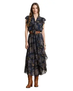 Ralph Lauren Crinkle Georgette Tie Neck Midi Dress - Navy Multi