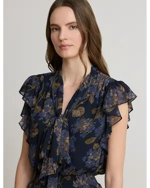 Ralph Lauren Crinkle Georgette Tie Neck Midi Dress
