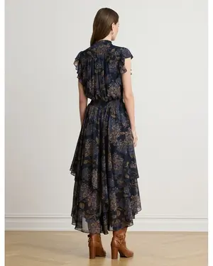 Ralph Lauren Crinkle Georgette Tie Neck Midi Dress