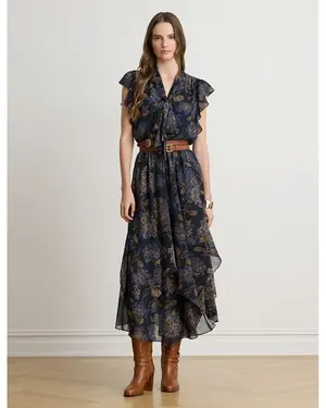 Ralph Lauren Crinkle Georgette Tie Neck Midi Dress