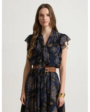 Ralph Lauren Crinkle Georgette Tie Neck Midi Dress