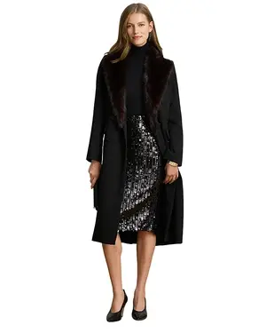 Ralph Lauren Faux Fur Trim Double Breasted Crepe Coat - Black
