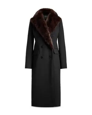 Ralph Lauren Faux Fur Trim Double Breasted Crepe Coat