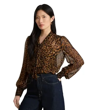 Ralph Lauren Printed Chiffon Tie Neck Blouse - Tan Multi