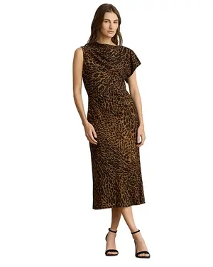 Ralph Lauren Single Sleeve Pleated Crepe Dress - Tan Multi