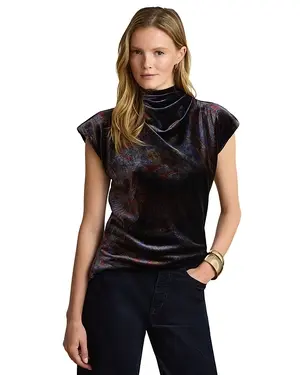 Ralph Lauren Printed Mock Neck Velvet Cap Sleeve Blouse - Navy Multi