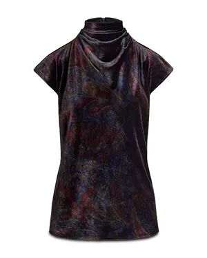 Ralph Lauren Printed Mock Neck Velvet Cap Sleeve Blouse
