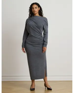 Ralph Lauren Pleated Wool Off-the-shoulder Dress