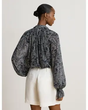 Ralph Lauren Paisley Georgette Tie Neck Ruffle Blouse