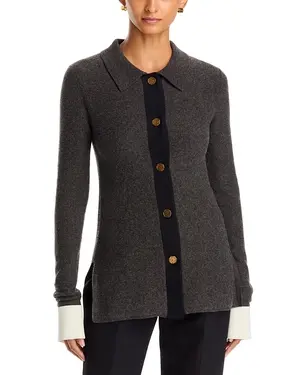 TOTEME Yak & Wool Slim Collared Cardigan - Dark Ash Melange/white