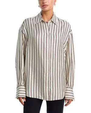 TOTEME Oversized Striped Silk Button Up Shirt - Ecru/burgundy
