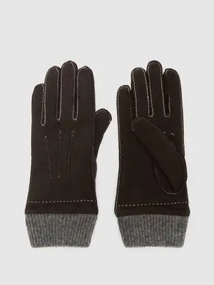 REISS Sadie Suede Ribbed-cuff Topstitched Gloves