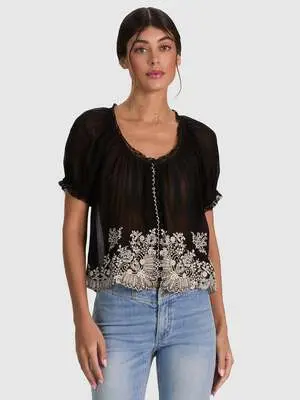 Alice + Olivia Odette Emrboidered Puff Sleeve Top - Black/vanilla