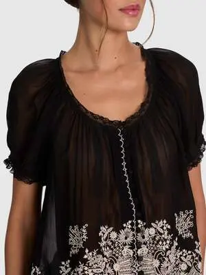 Alice + Olivia Odette Emrboidered Puff Sleeve Top
