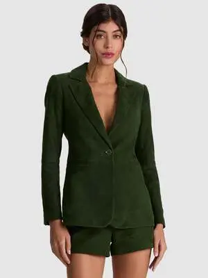 Alice + Olivia Macey Suede Notch Collar Fitted Blazer - Dark Fern