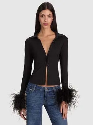 Alice + Olivia Freya Feather Button Down Top - Black