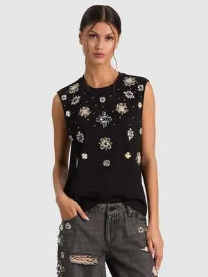 Alice + Olivia Micah Embellished Muscle Tank - Black/multi