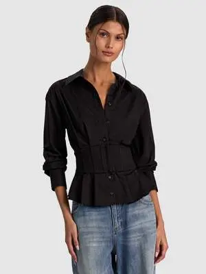 Alice + Olivia Edie Gathered Corset Button Down Top - Black