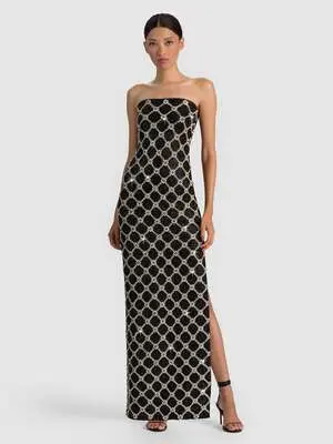Alice + Olivia Delora Embellished Strapless Gown - Black/silver