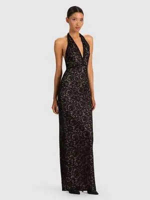 Alice + Olivia Estelle Foil Lace Halter Maxi Dress