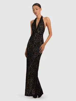 Alice + Olivia Estelle Foil Lace Halter Maxi Dress