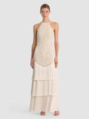 Alice + Olivia Giulia Embellished Halter Fringe Midi Dress - Vanilla