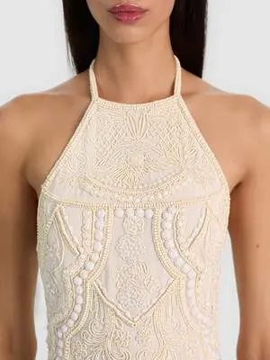 Alice + Olivia Gatz Embellished Halter Cropped Top
