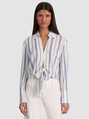 Alice + Olivia Hannon Tie Front Blouse - Off White/blue Iris