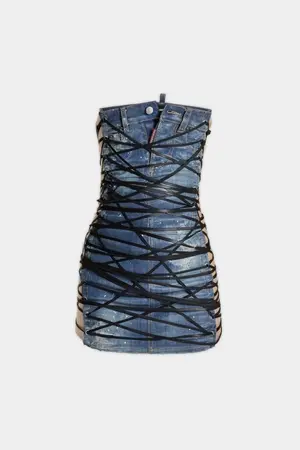 Dsquared2 Light Frozen Wash Lace Up Jean Dress - Blue