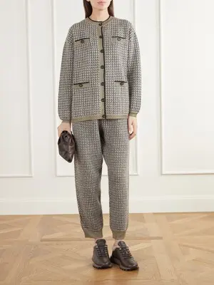 Brunello Cucinelli Mohair, Virgin Wool And Cashmere Sparklin Ghoundstooth Knit Track Trousers