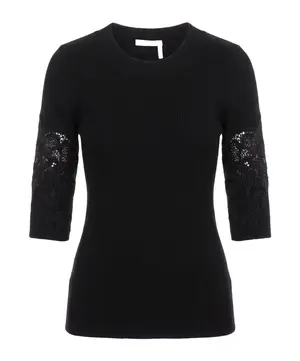 Chloé Crew Neck Ribbed Knit Top With Lace Panel Elbow Sleeves