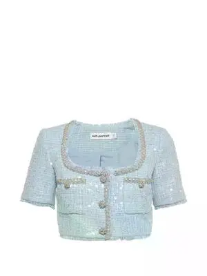 SELF-PORTRAIT Sequin Boucle Tweed Top - Blue