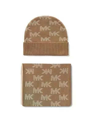 Michael Kors Logo-knit Scarf And Beanie Hat Set - Brown