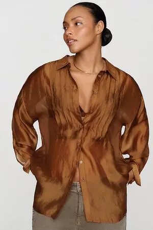 Anthropologie Sheer Sat Tuxedo Button-front Blouse - Bronze
