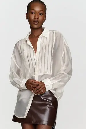 Anthropologie Sheer Sat Tuxedo Button-front Blouse Ivory