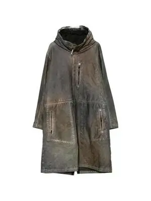ISAAC SELLAM EXPERIENCE Distressed-effect Hooded Leather Coat - Grey