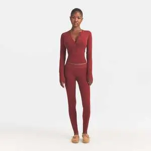 SKIMS Mid Rise Legging | Red | | Cotton Rib - Merlot