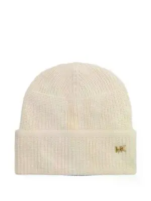 Michael Kors Logo-plaque Ribbed-knit Beanie Hat - Neutrals